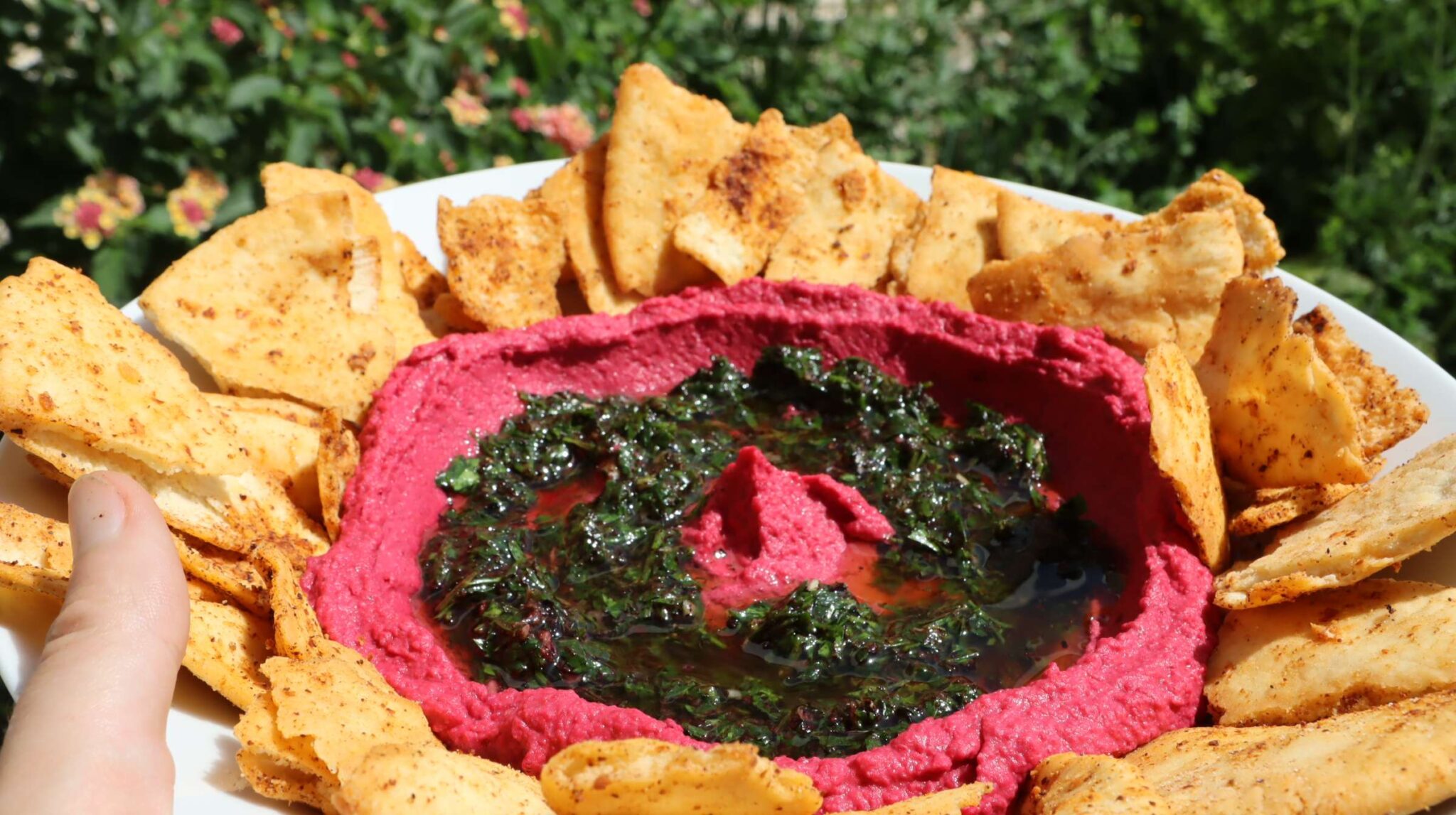 Beetroot Hummus with Crispy Sumac Pita and Pickled Beets - thefarmingchefs